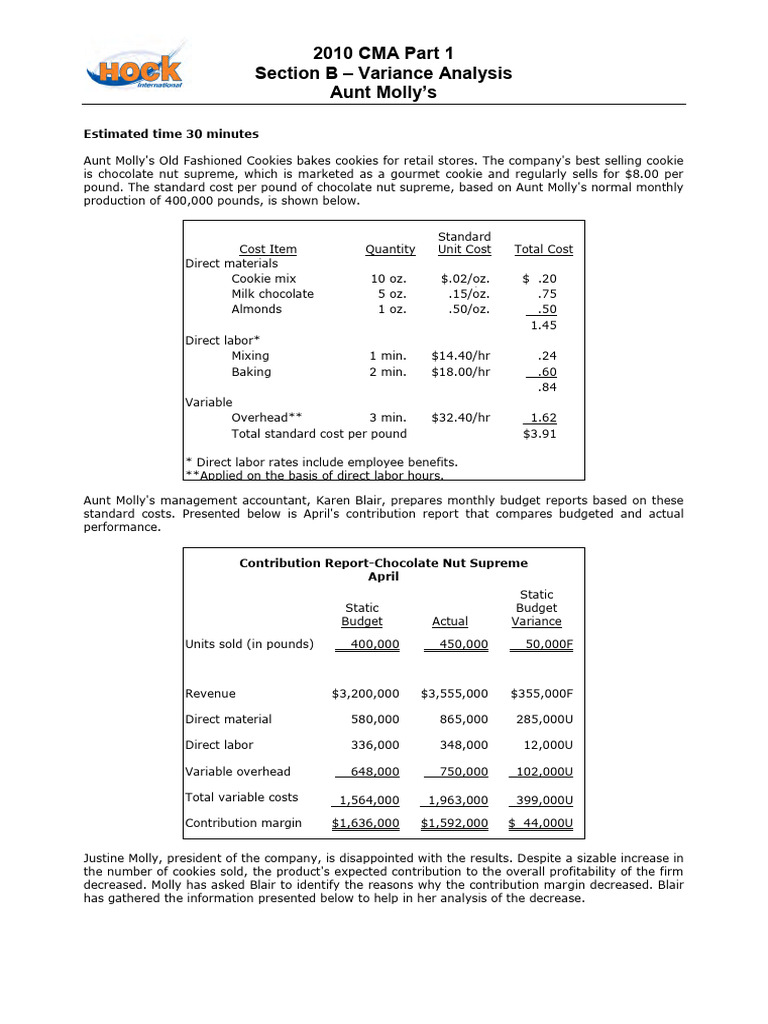 Cma2 p1 B Variance - Analysis Aunt - Mollys - p3694q4 | PDF | Variance | Economies