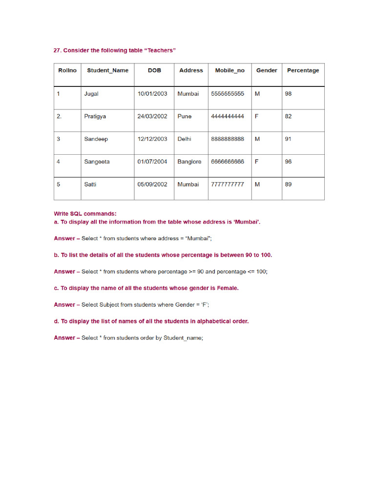 DBMS Practice Table | PDF