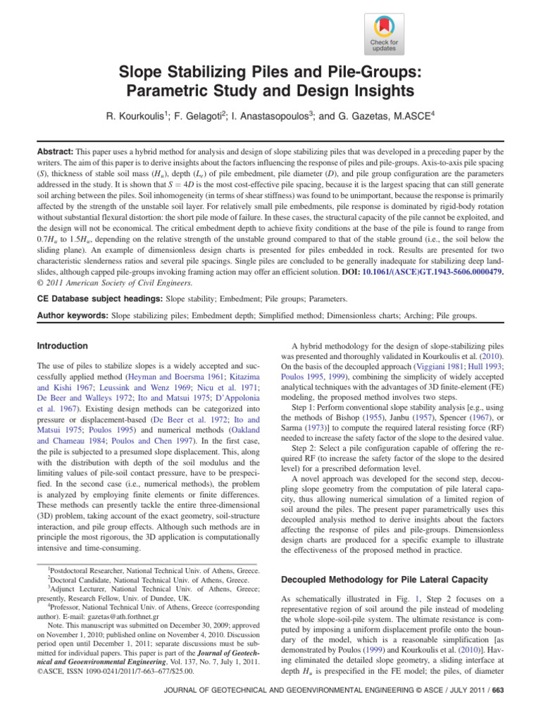 Slope Stabilizing Piles and Pilegroups Parametric Study and Design Insights2011Journal of ...