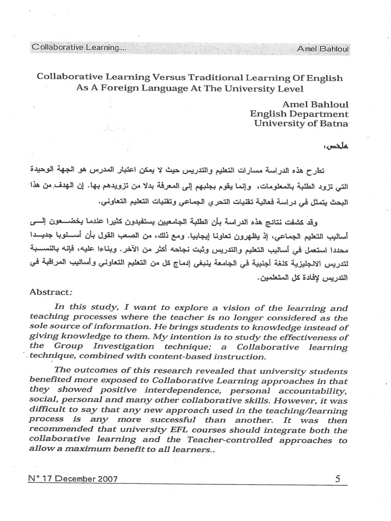 Collaborative Learning Versus Traditional Learning of English As A ...