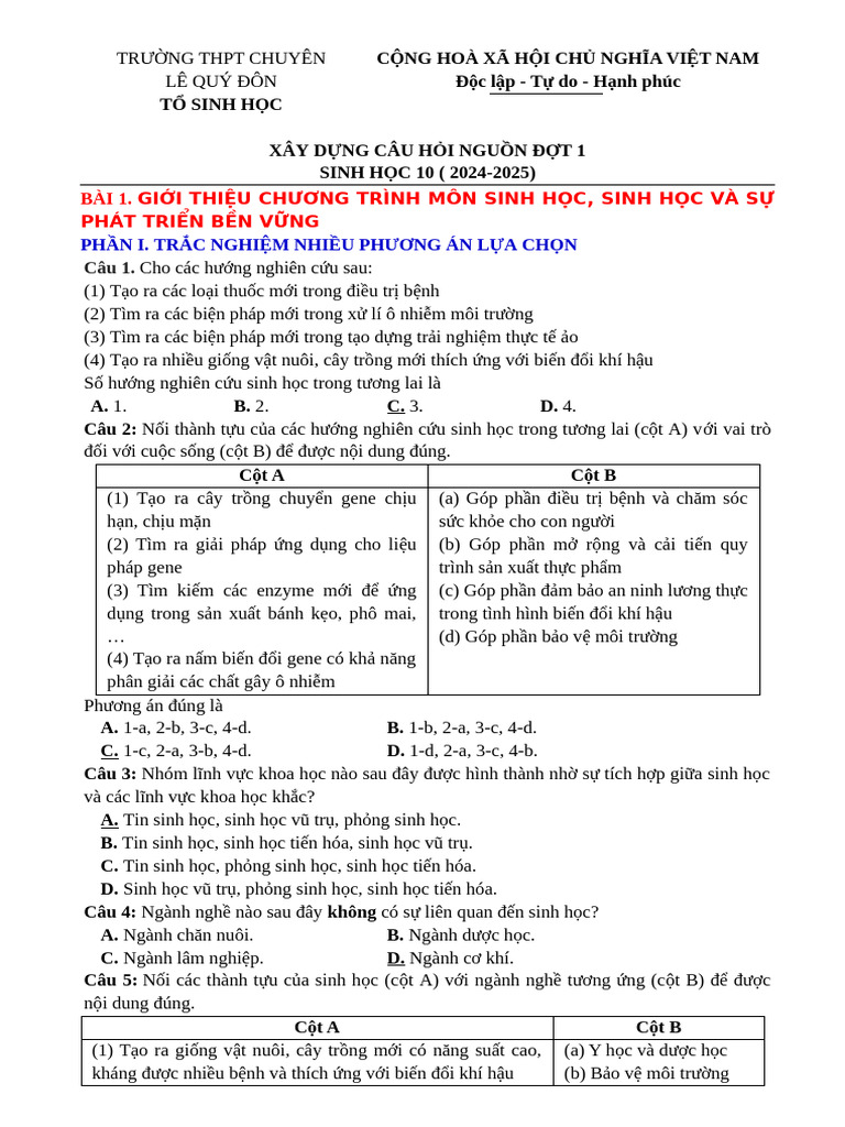 24-25_ Sinh10_Ngân hàng câu hỏi Đợt I-GKI | PDF