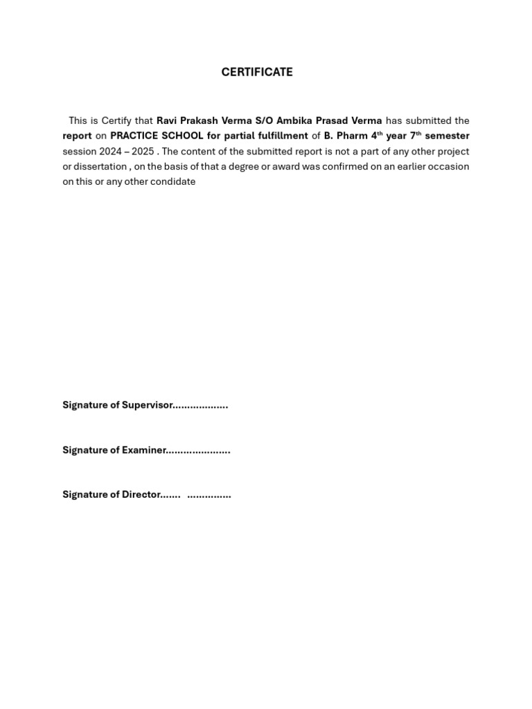 Practice School Certificate | PDF