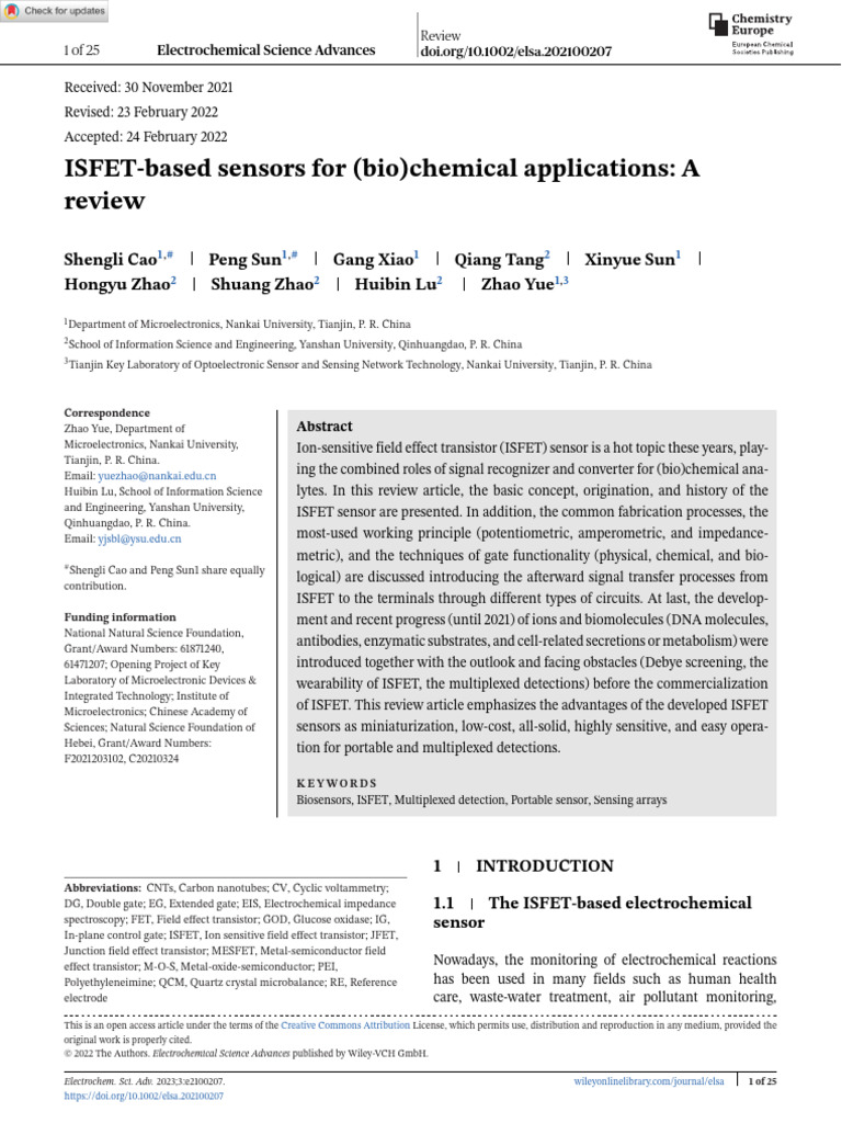 Electrochemical Science Adv - 2022 - Cao - ISFET‐based sensors for bio chemical applications A ...