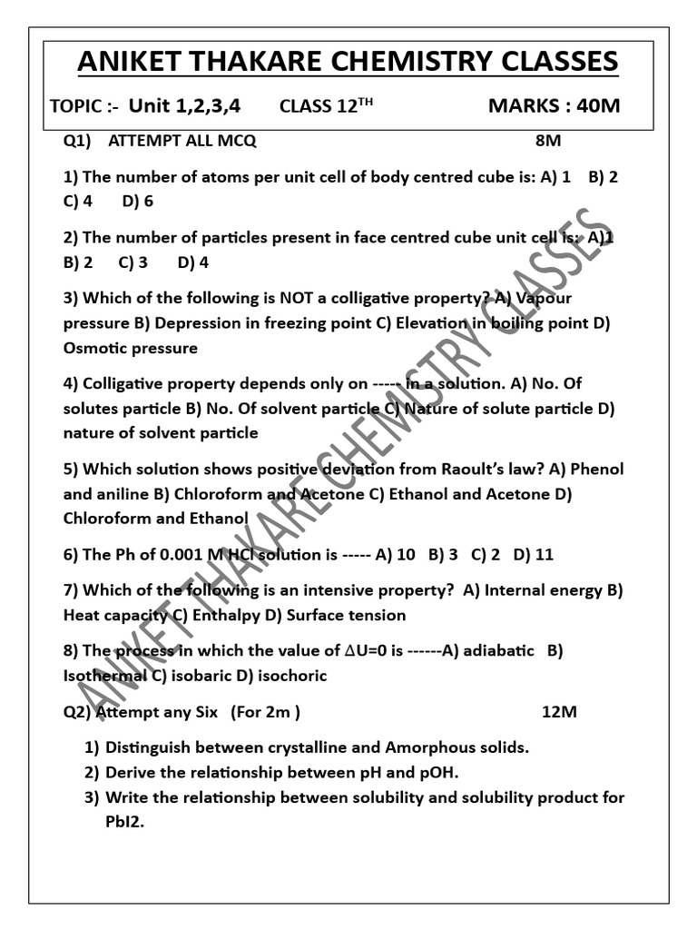 Class 12 Unit 1to 4 8 Dec Paper | PDF | Branches Of Thermodynamics ...