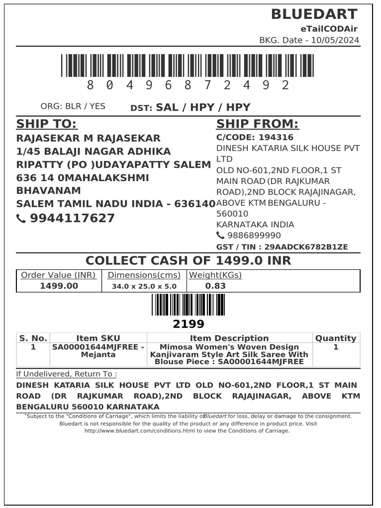 Bluedart eTailCODAir Shipment Details | PDF