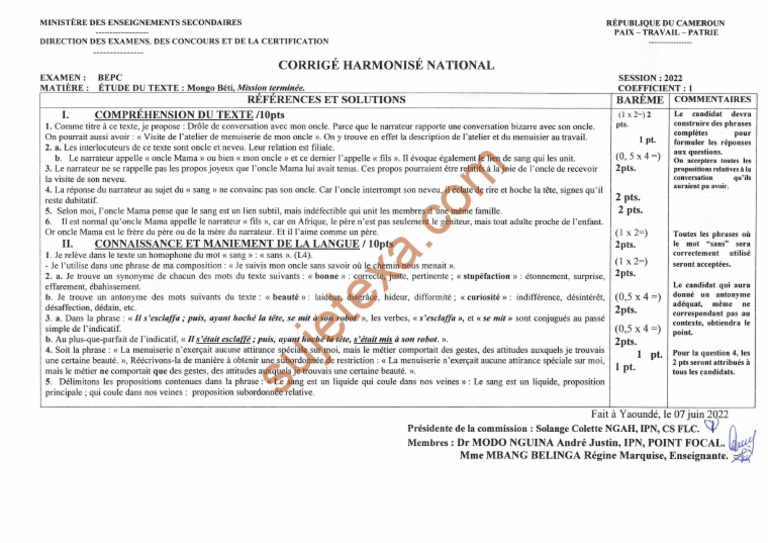 Corrigé Harmonisé National - Bepc Session 2022 Etude de Texte Cameroun ... Corrigé Harmonisé National - Bepc Session 2022 Etude de Texte Cameroun ...