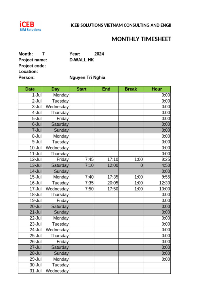Jul 2024 - Monthly Timesheet - Nghia | PDF