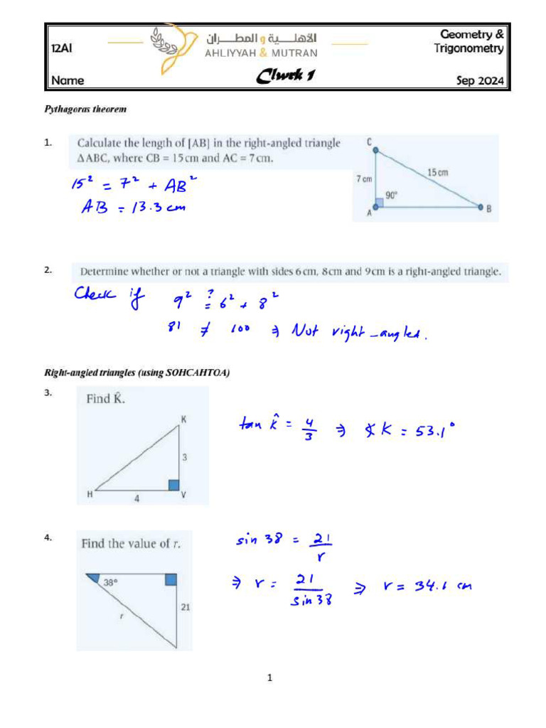 12AI-Clwrkk-1-MS-Geometry & Trigonometry-Sep-2024 | PDF