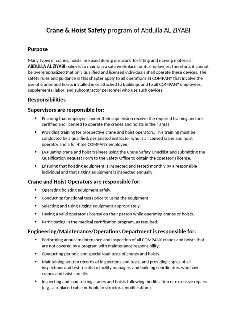 Crane & Hoist Safety Program Sample | PDF | Crane (Machine) | Rope