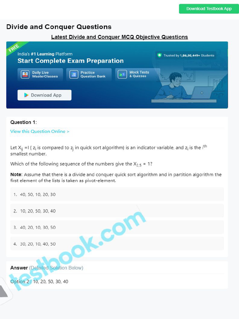 MCQ On Divide and Conquer 5eea6a0c39140f30f369e0d5 | PDF