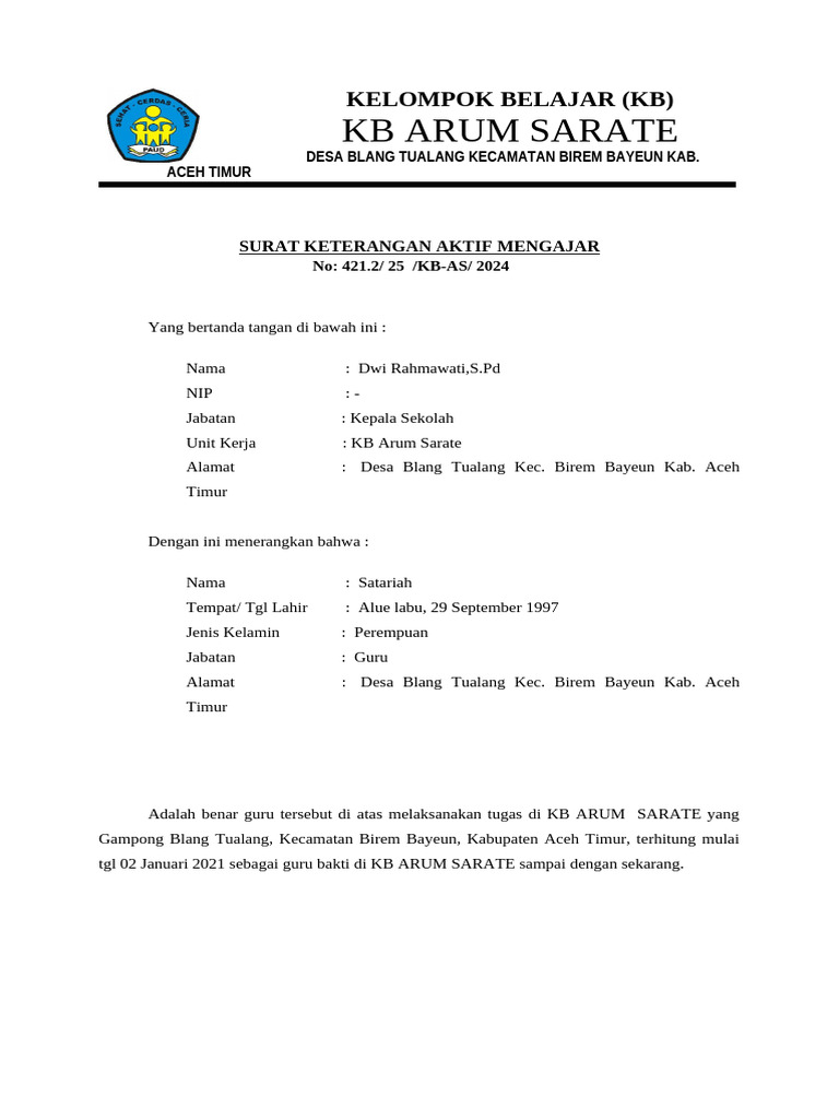 Surat Keterangan Aktif Mengajar KB Arum Sarate | PDF
