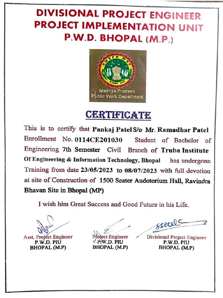 Pankaj Patel Internship Training Certificate | PDF