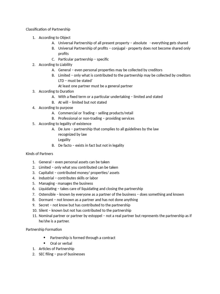 Classification of Partnership | PDF | Partnership | Liquidation