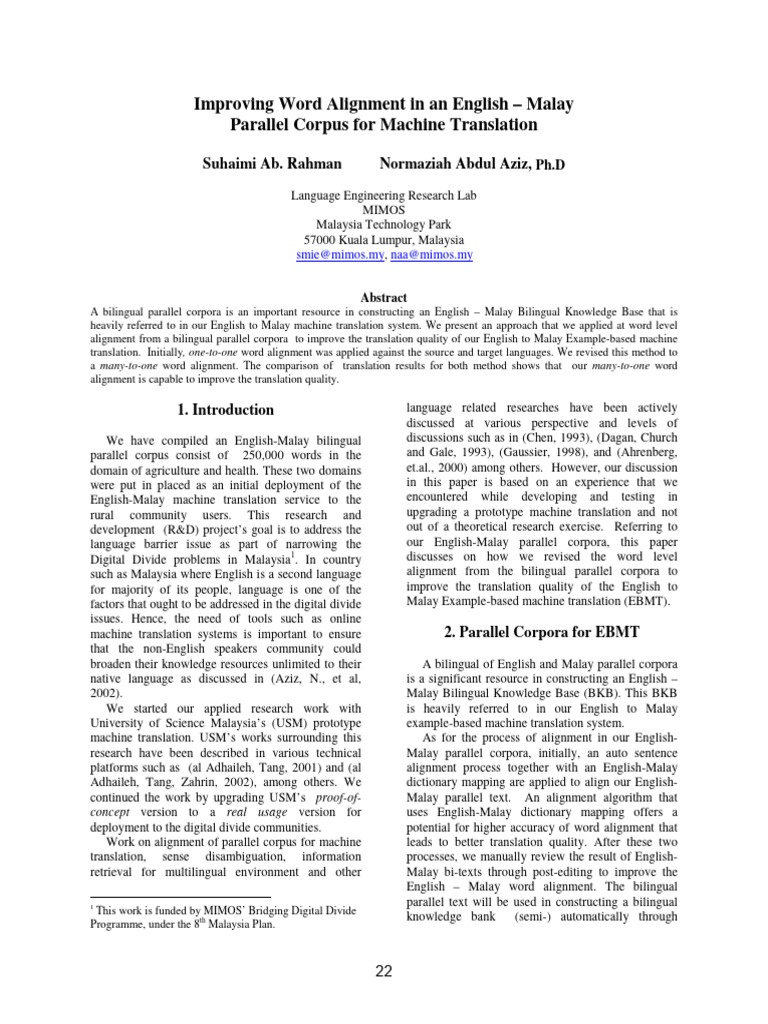 Improving Word Alignment in An English - Malay Parallel Corpus For ...
