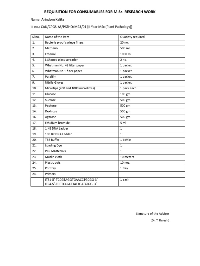 Requisition For Consumables For M.Sc. Research Work | PDF