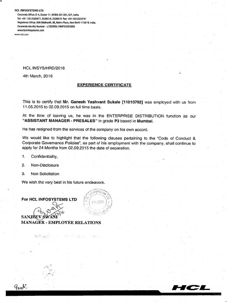 HCL Experience Letter | PDF
