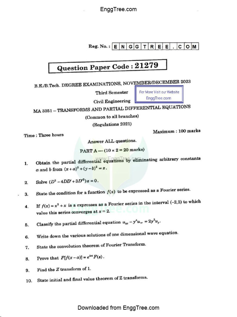 MA3351 Transforms and Partial Differential Equations Nov Dec 2023 Question Paper Download (1) | PDF