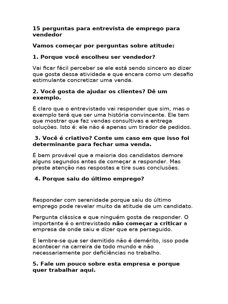 Perguntas para Entrevista de Vendedor | PDF