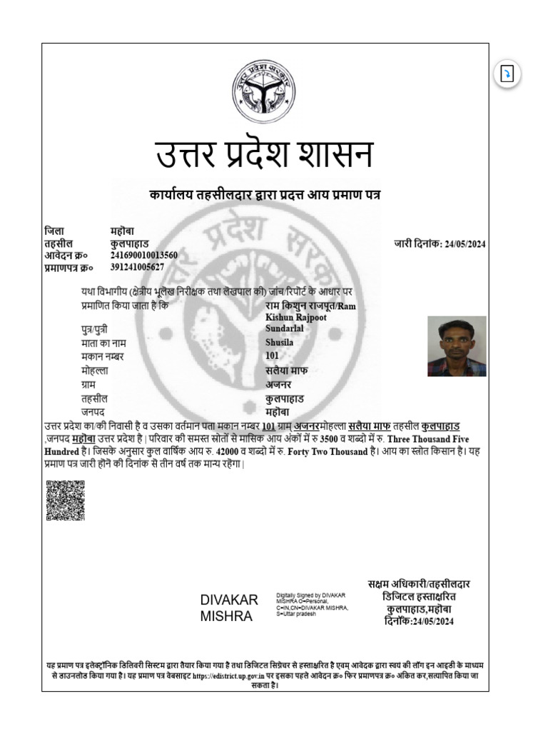Nitik Father Income Certificate Hindi | PDF