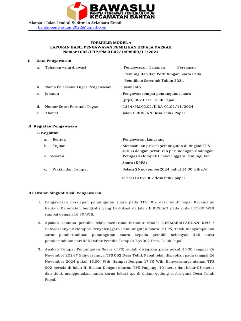 26 November 2024 Form A Pengawasan Persiapan Pemungutan Dan Perhitungan Suara TPS 001 Desa ...