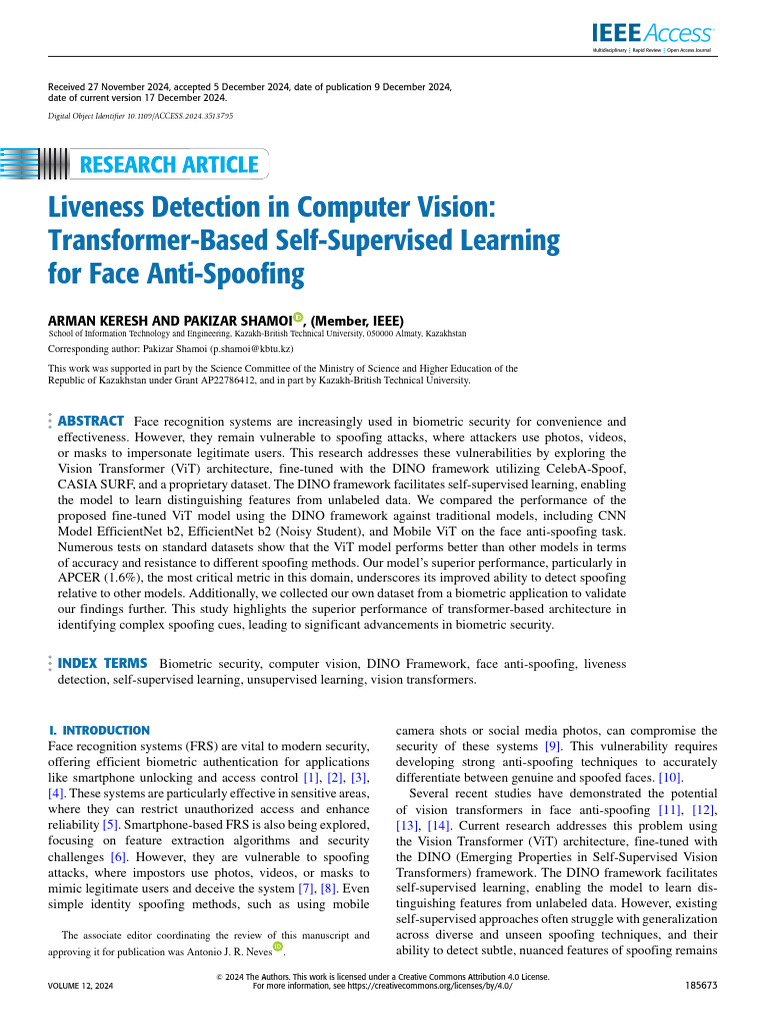 Liveness Detection in Computer Vision Transformer-Based Self-Supervised ...