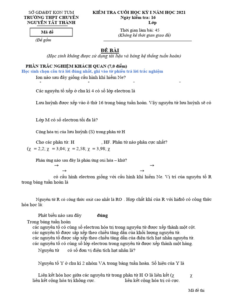 De Thi Cuoi Ky 1 Hoa Hoc 10 Nam 2021 2022 Thpt Chuyen Nguyen Tat Thanh Kon Tum | PDF