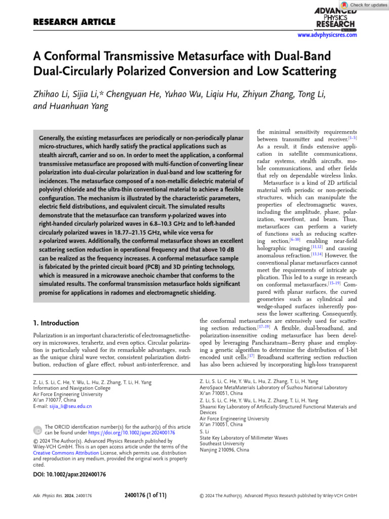 Advanced Physics Research - 2024 - Li - A Conformal Transmissive Metasurface With Dual Band Dual ...