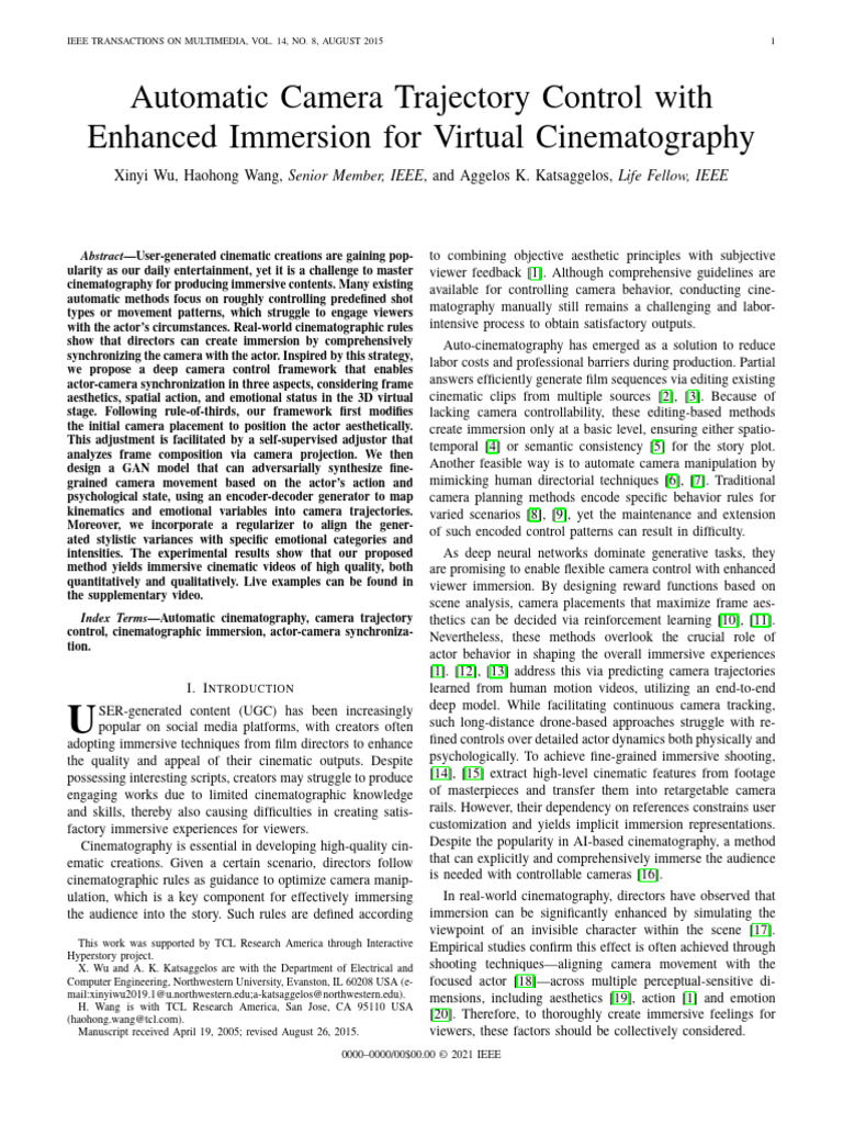 Automatic Camera Trajectory Control with Enhanced Immersion for Virtual Cinematography | PDF ...