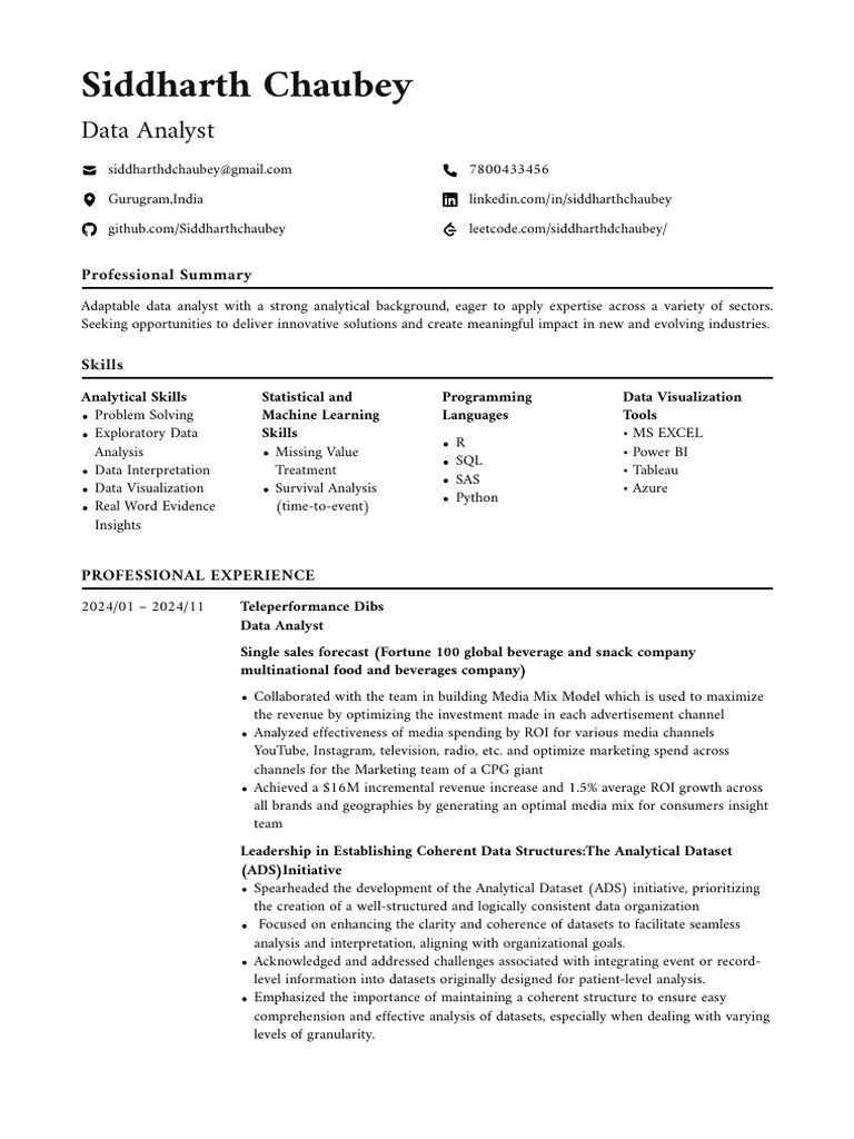 Siddharth Chaubey Resume | PDF | Data Analysis | Data