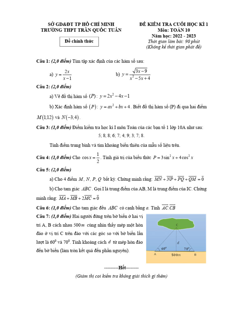 De Cuoi Hoc Ki 1 Toan 10 Nam 2022 2023 Truong Thpt Tran Quoc Tuan Tp Hcm | PDF