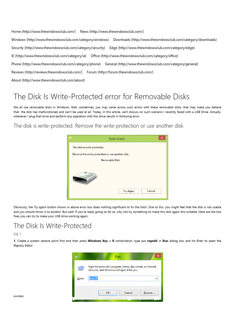 The Disk Is Write-Protected Error For Removable Disks | PDF | Windows Registry | Hard Disk Drive
