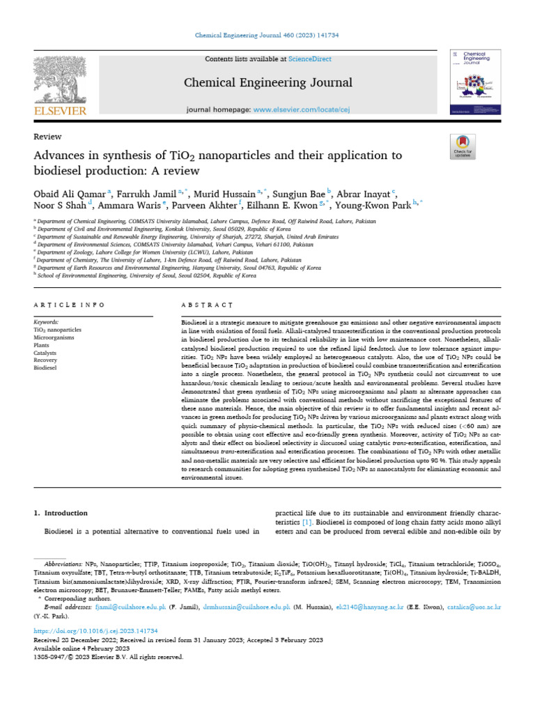 Advances In Synthesis Of Tio2 Nanoparticles And Their Application To Biodiesel Production A