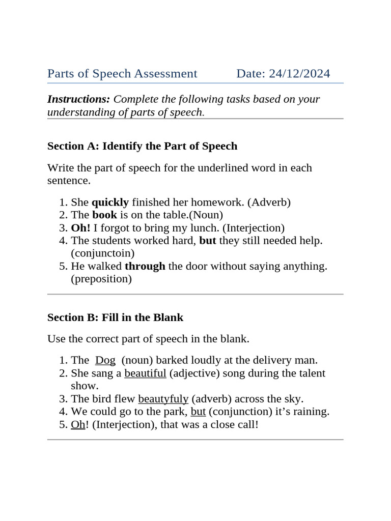 Parts of Speech Assessment | PDF