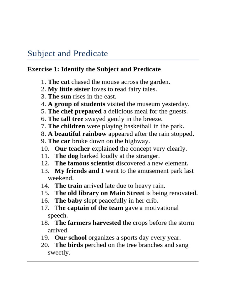 Exercise - Subject and Predicate | PDF