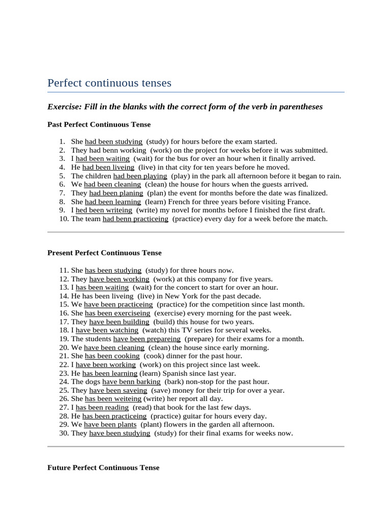 Perfect Continuous Tenses Exercise | PDF