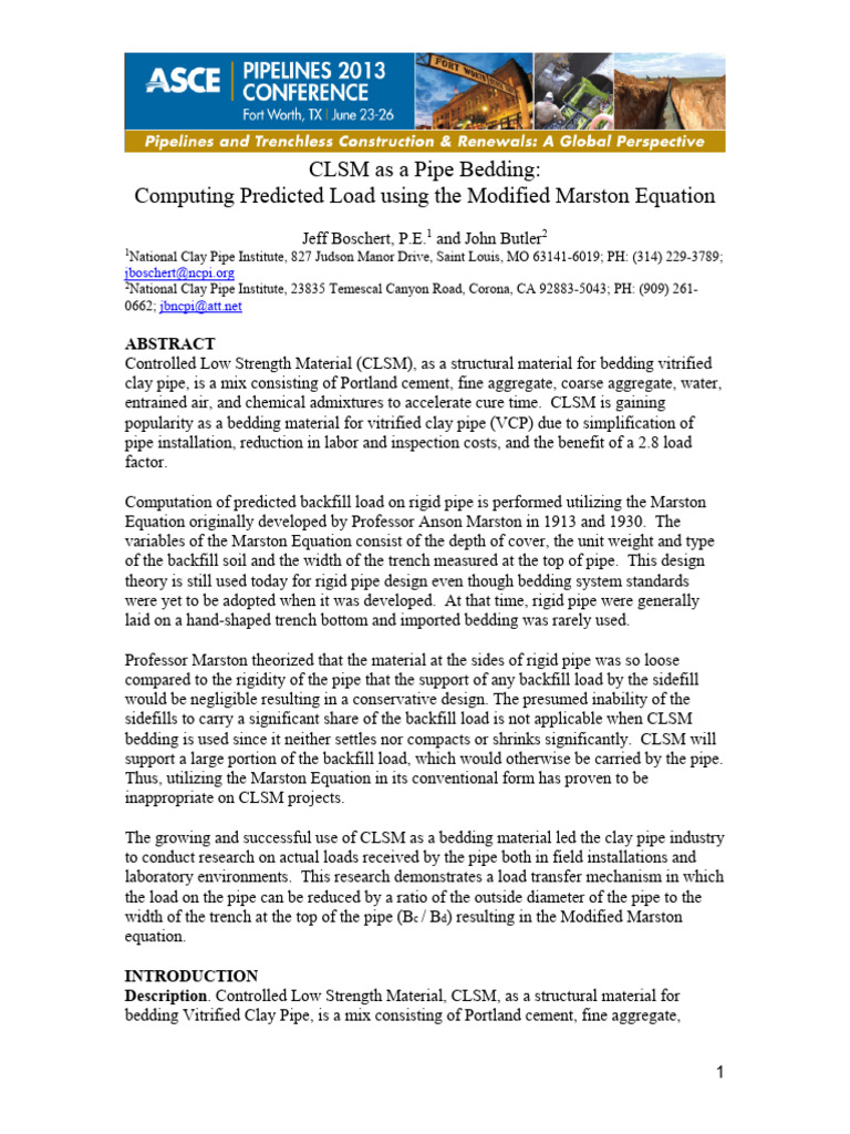 Asce Pipelines 2013 CLSM and Modified Marston Predicted Load Paper | PDF | Buoyancy | Pipe ...
