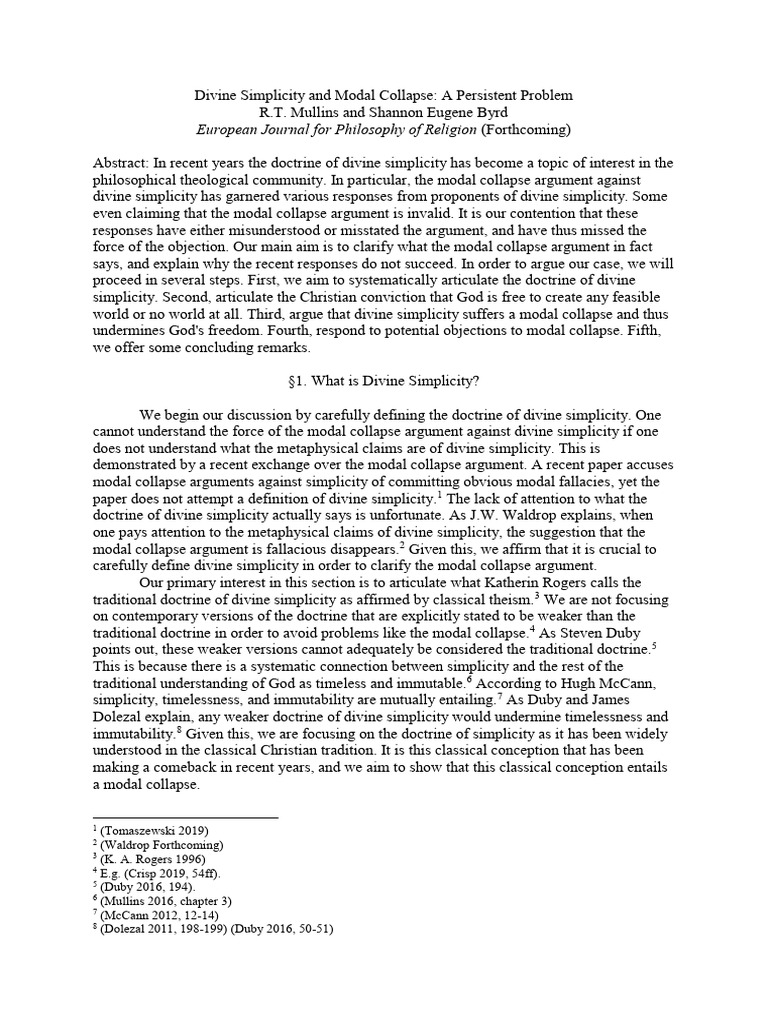 Divine Simplicity and Modal Collapse A P | PDF | Free Will | God
