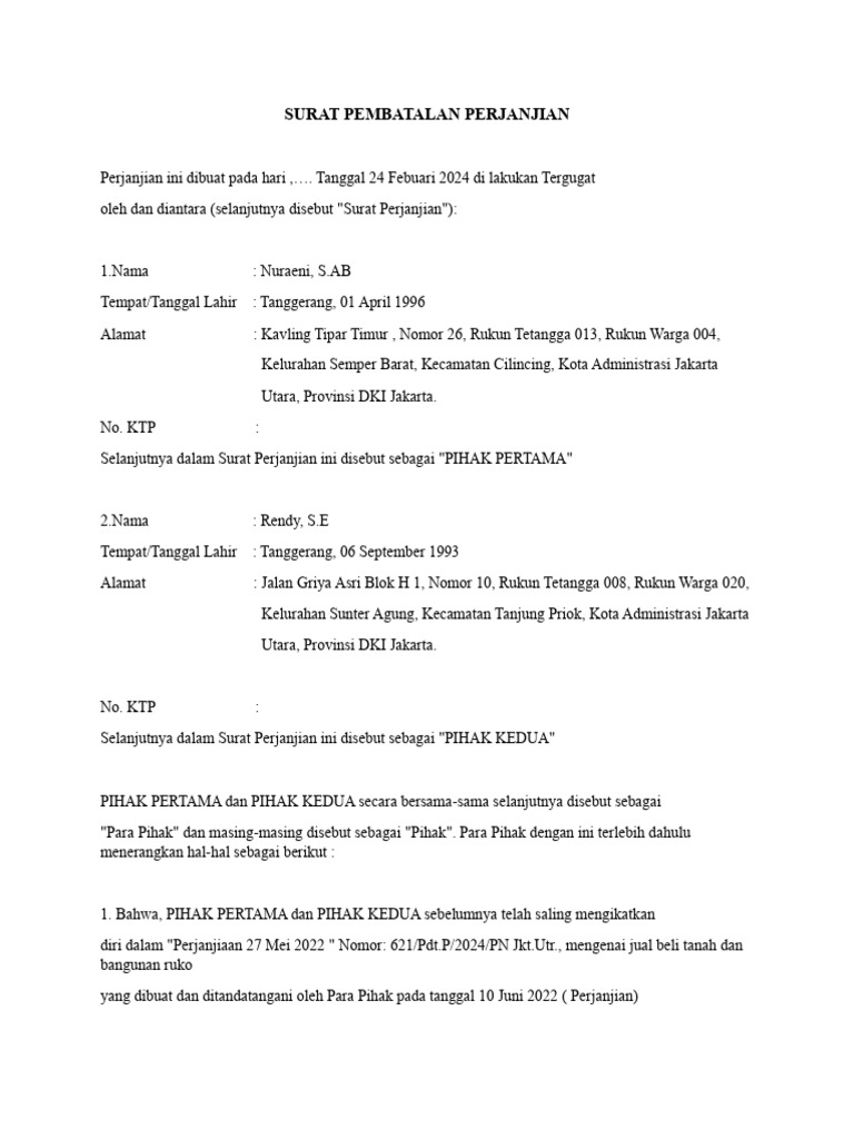 Surat Pembatalan Perjanjian | PDF