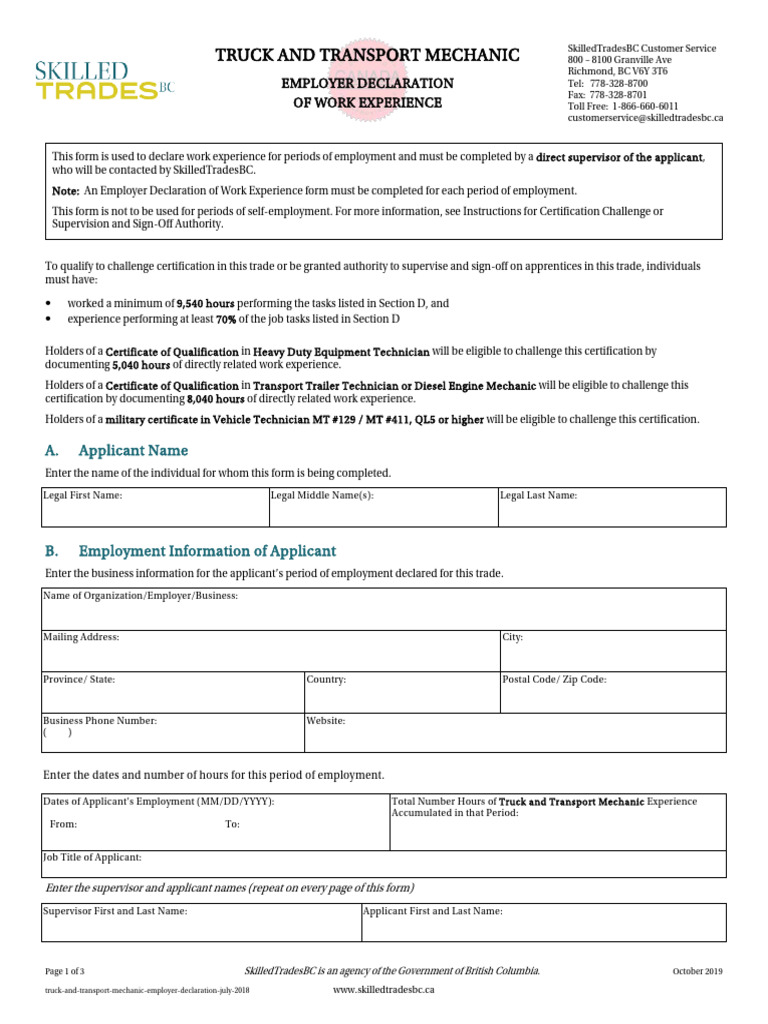 Employer Declaration for Mechanic Experience | PDF | Truck | Transport