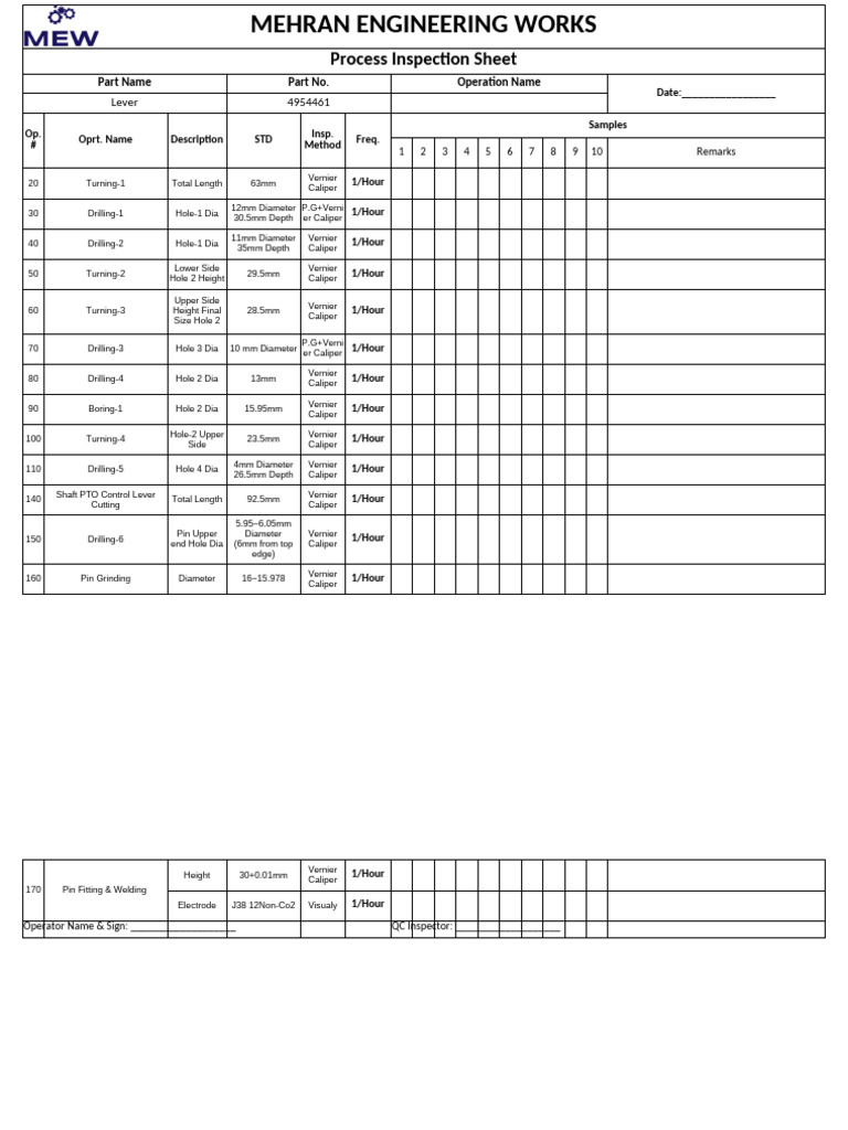 Process Inspection Sheet for Lever Parts | PDF | Length