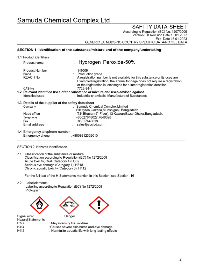 GHS MSDS OF H2O2 Update 15.01.22 | PDF | Toxicity | Chemistry