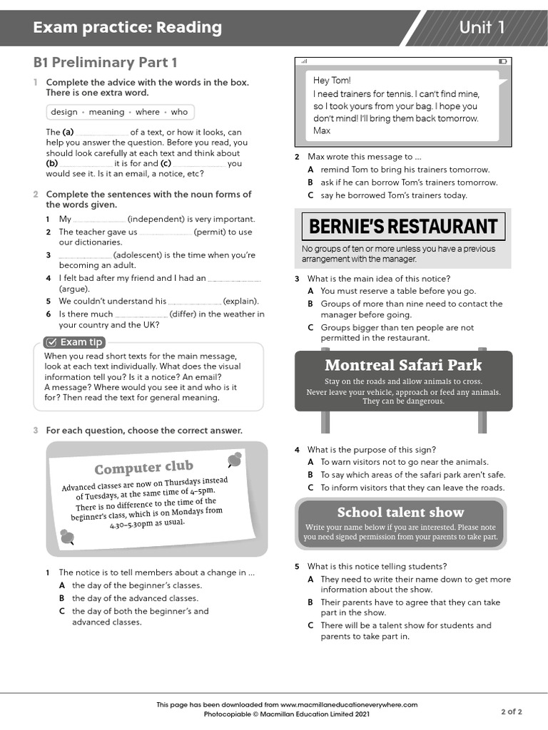 B1 U1 Exam Practice Reading-Trang | PDF