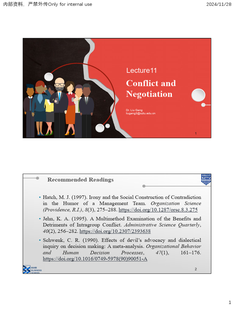 Lecture 11 Conflict and Negotiation | PDF | Negotiation | Social Psychology