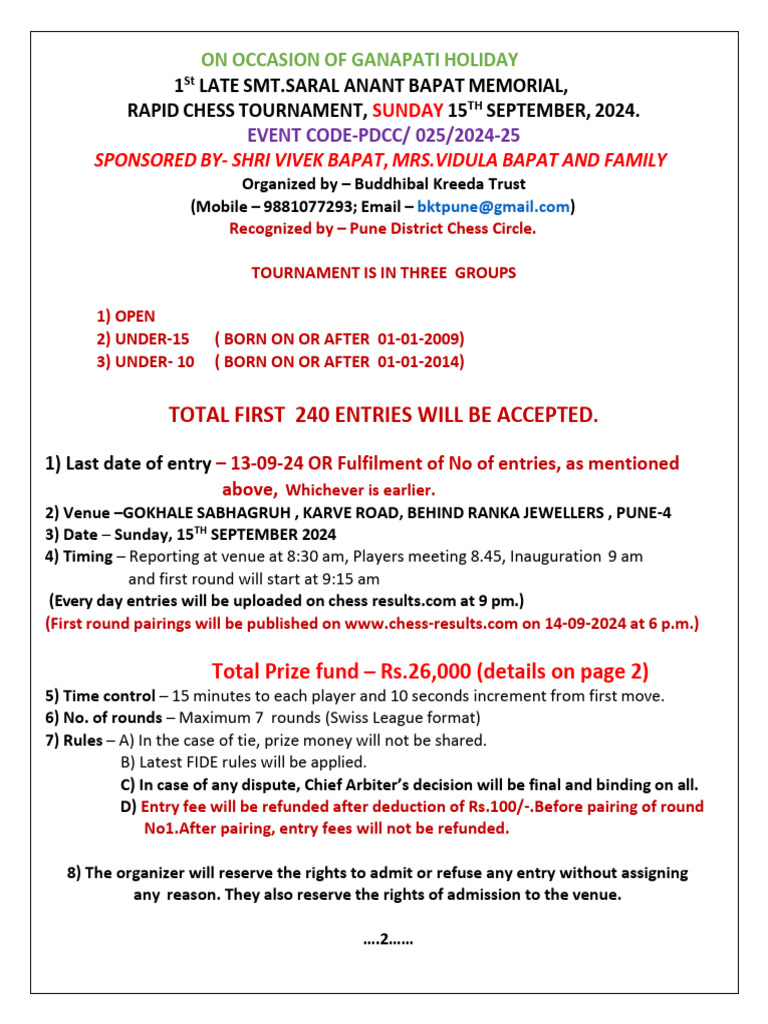 1St LATE SMT SARAL BAPAT MEMORIAL CHESS TMY SEPT15 | PDF | Board Games | Sports