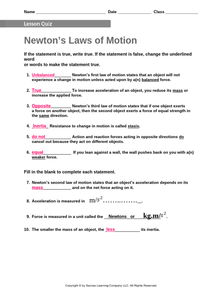 Solved Work Sheet Lesson 2.3 Newton's Laws of Motion | PDF | Force | Newton's Laws Of Motion