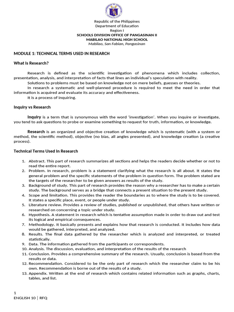 Module 1 Technical Terms | PDF | Quantitative Research | Methodology