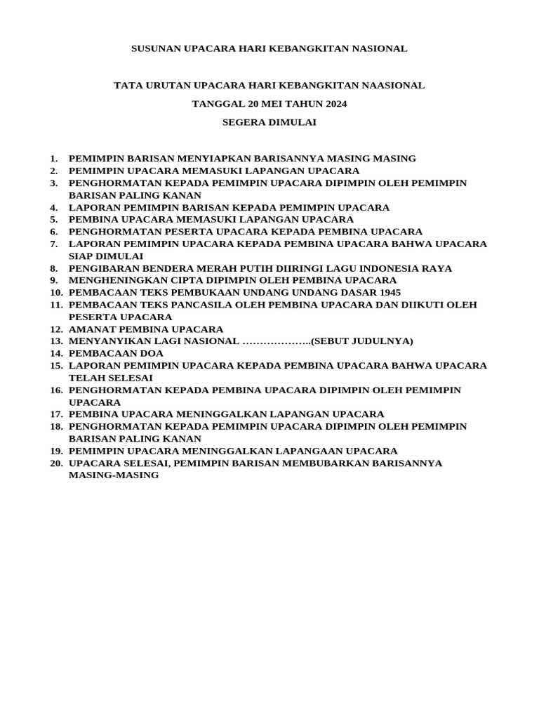 Susunan Upacara Hari Kebangkitan Nasional | PDF