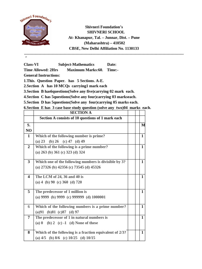 Class VI Math Exam Paper Shivneri | PDF | Mathematics | Elementary Mathematics
