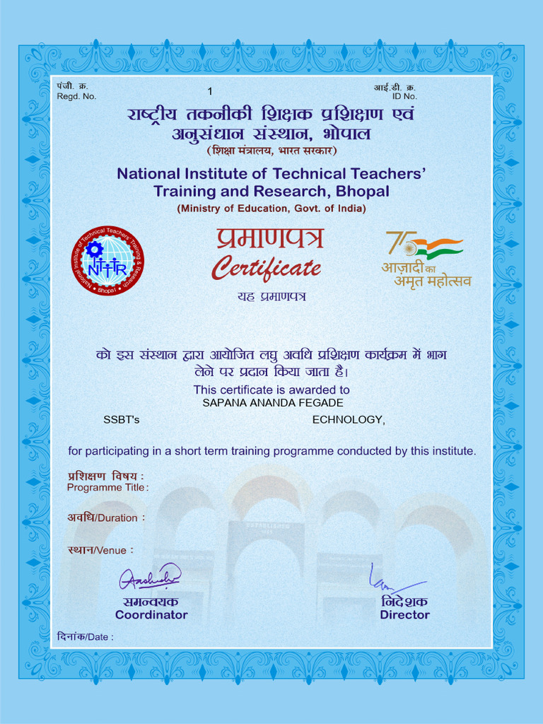 NITTTR Bhopal ECertificate-110191 SAF | PDF