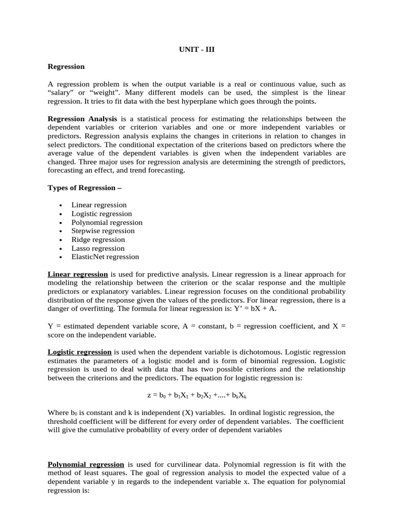 Unit III | PDF | Linear Regression | Receiver Operating Characteristic